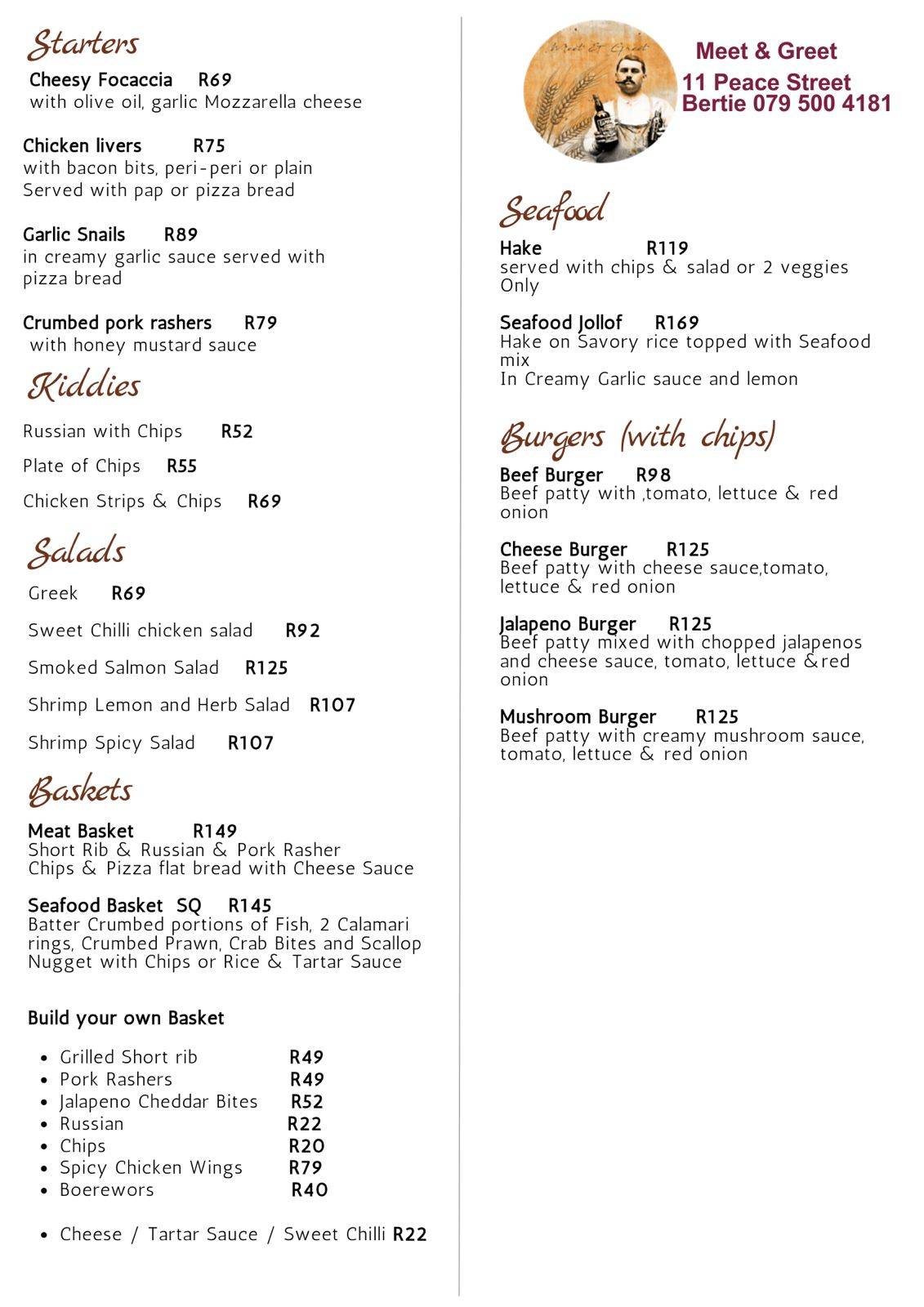 Menu at The Meet and Greet Tzaneen restaurant, Tzaneen
