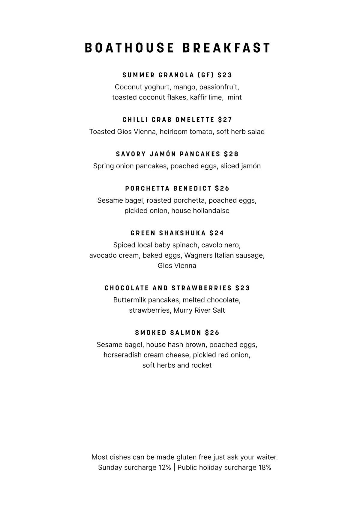 Menu at The Mildura Boathouse cafe, Mildura