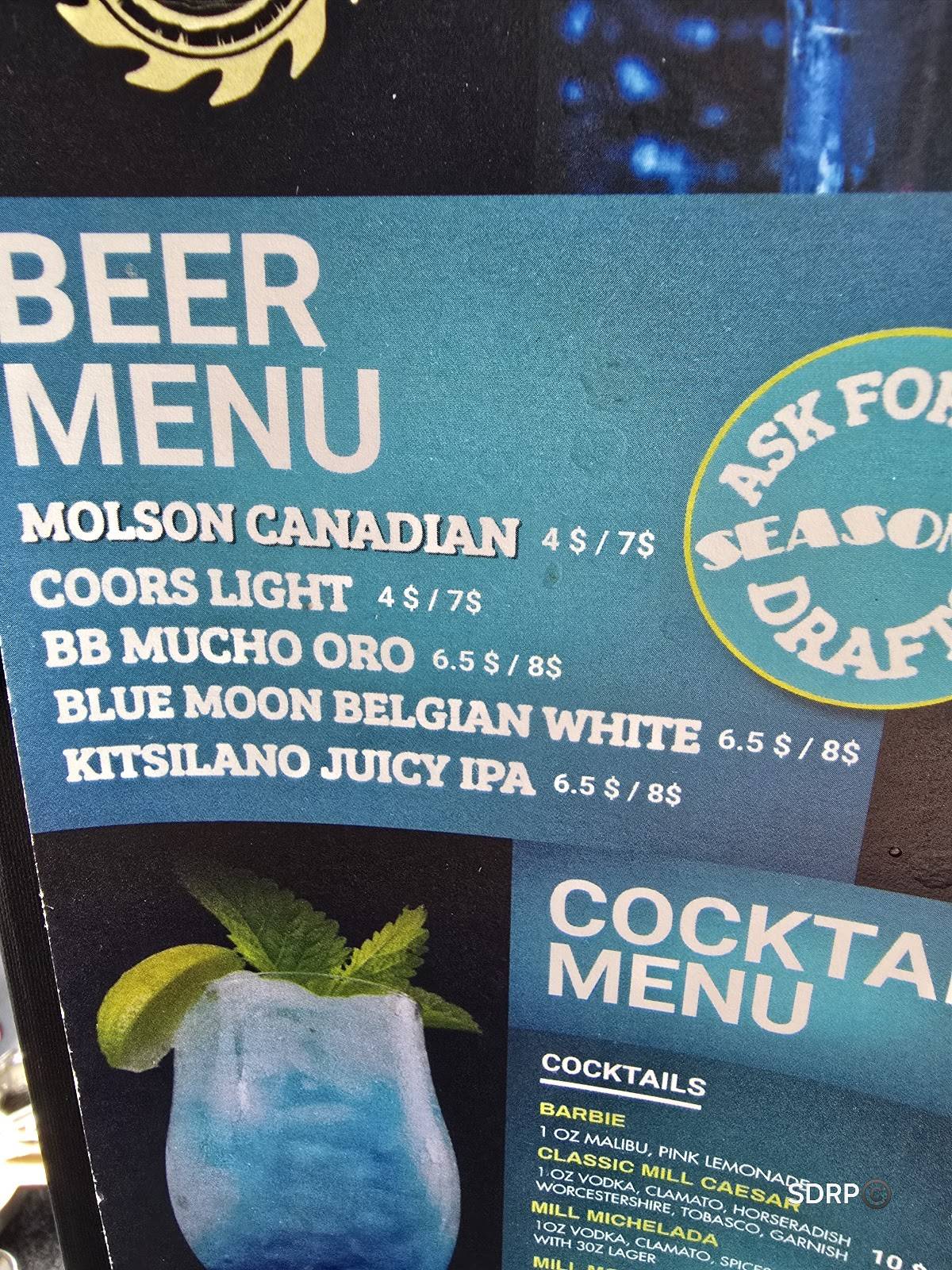 Menu at The Mill Pub, Quesnel