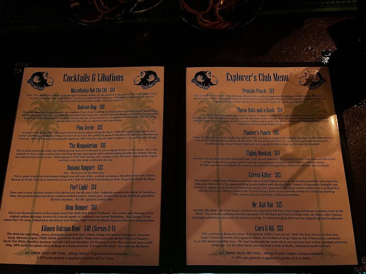 Menu at The Monkey's Paw Tiki Lounge pub & bar, Macon