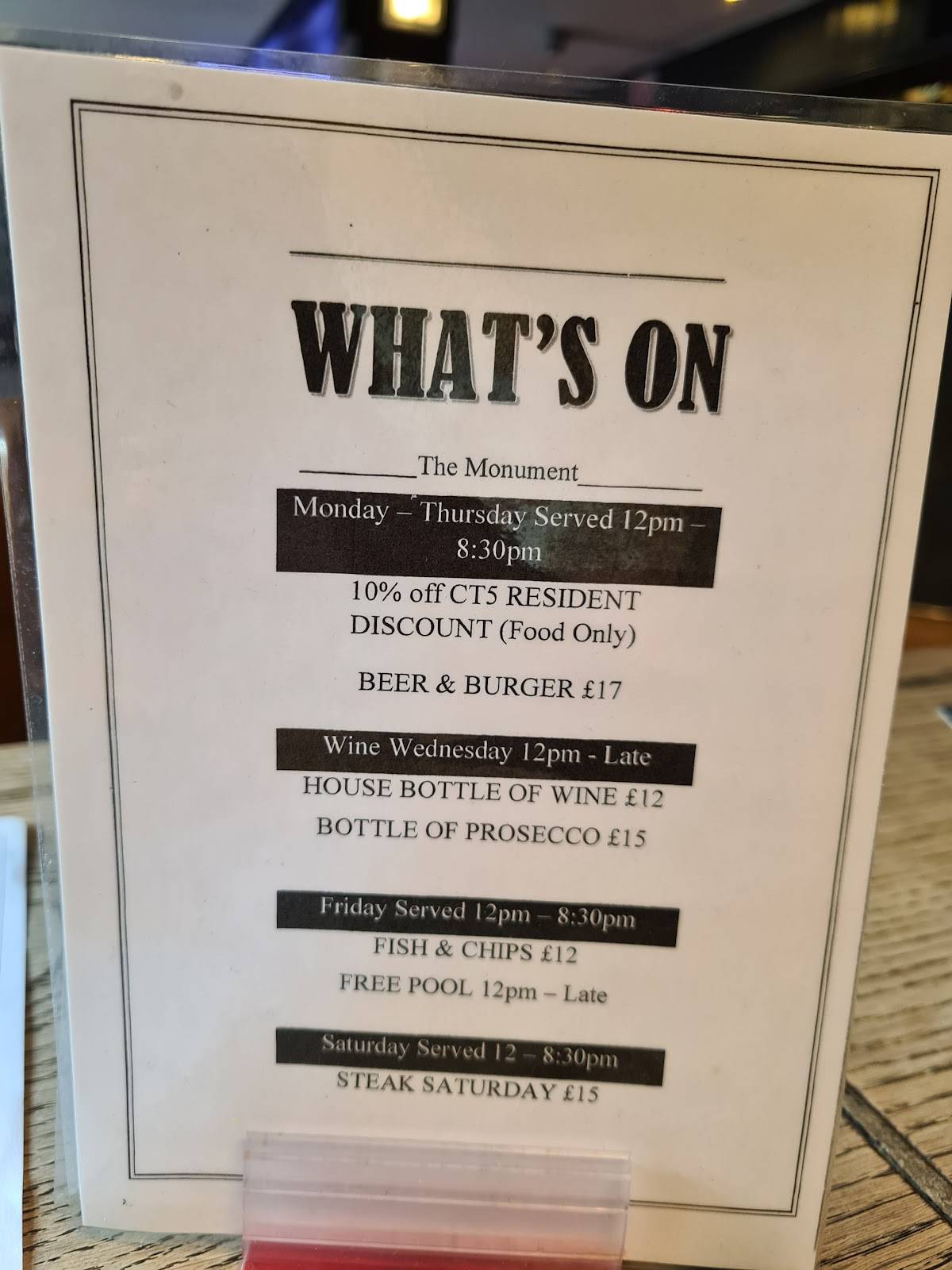 Menu at The Monument pub & bar, Whitstable