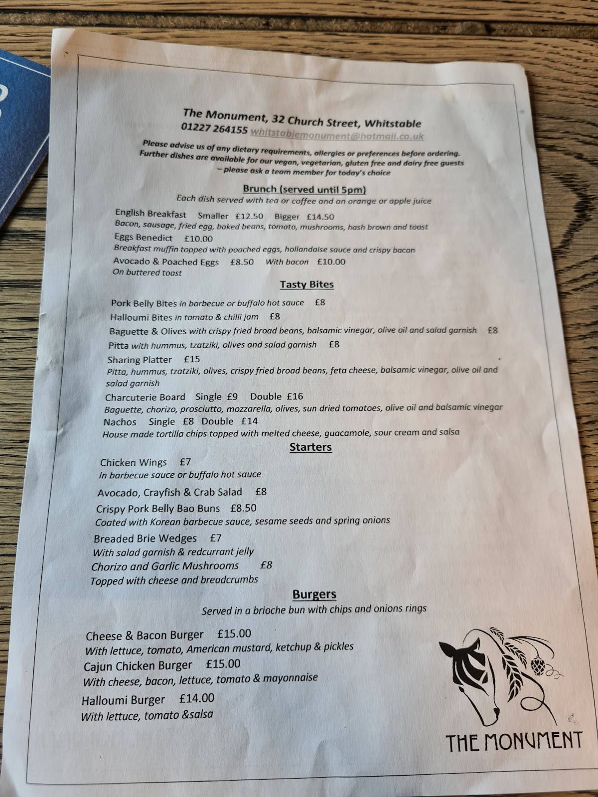 Menu at The Monument pub & bar, Whitstable