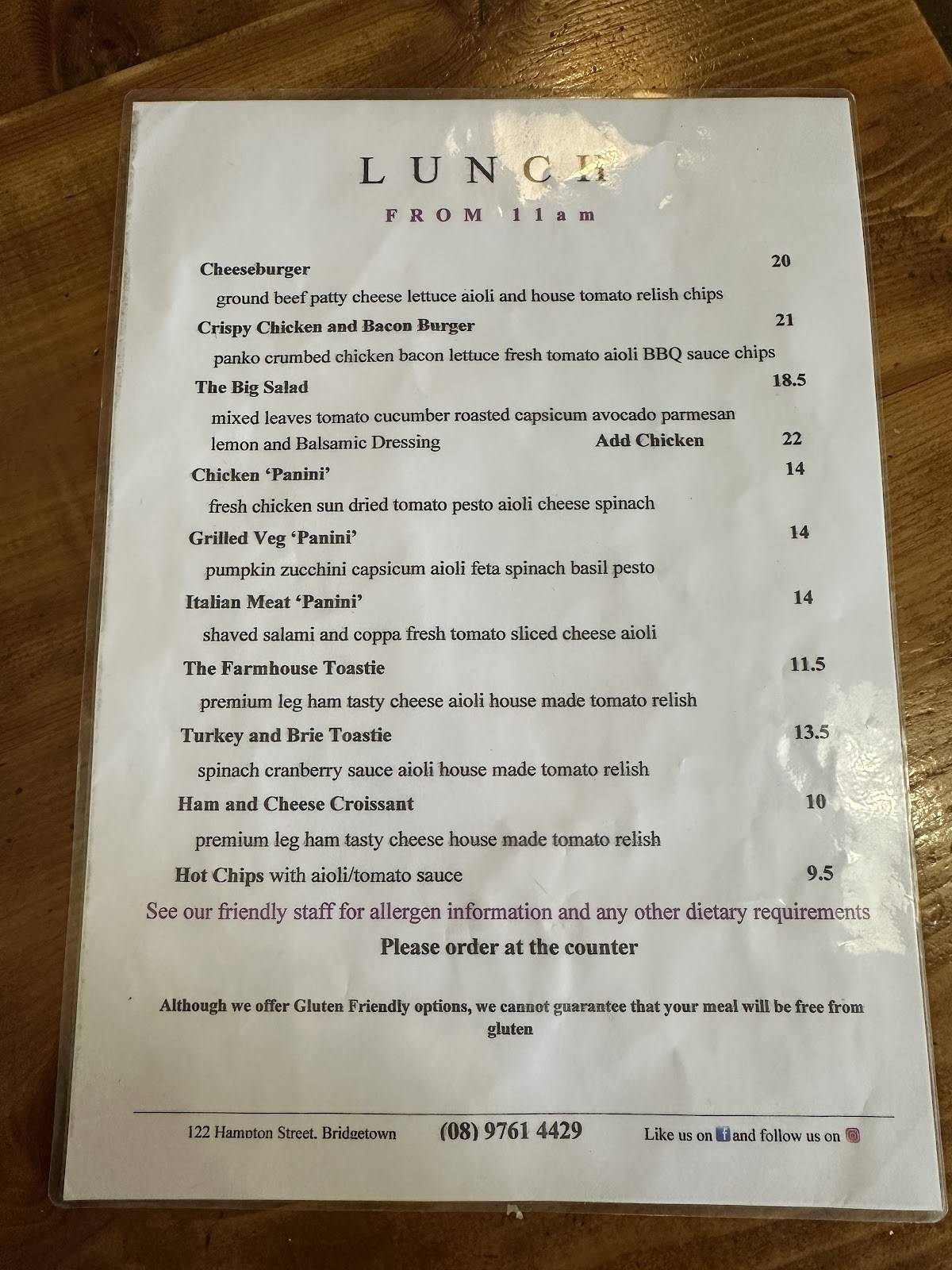 Menu at The Mulberry Tree cafe, Bridgetown