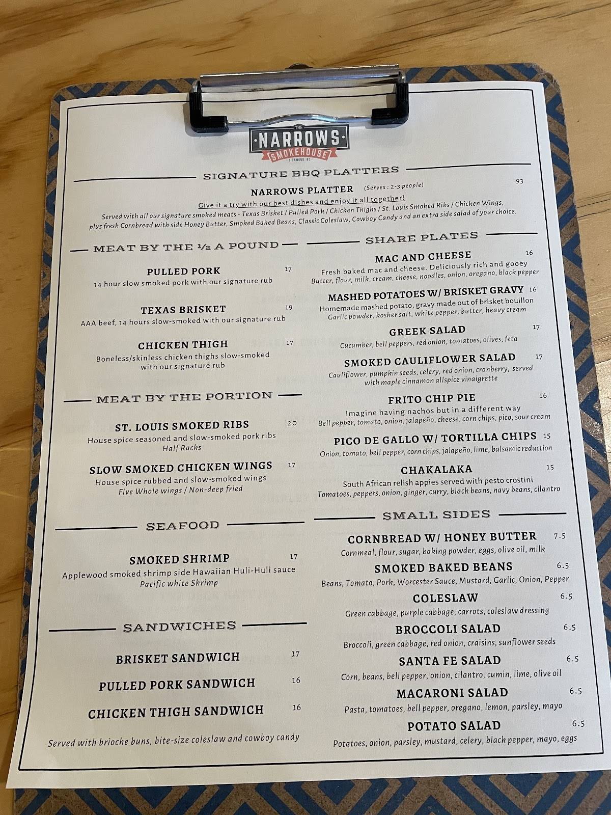 Menu at The Narrows Smokehouse restaurant, Sicamous