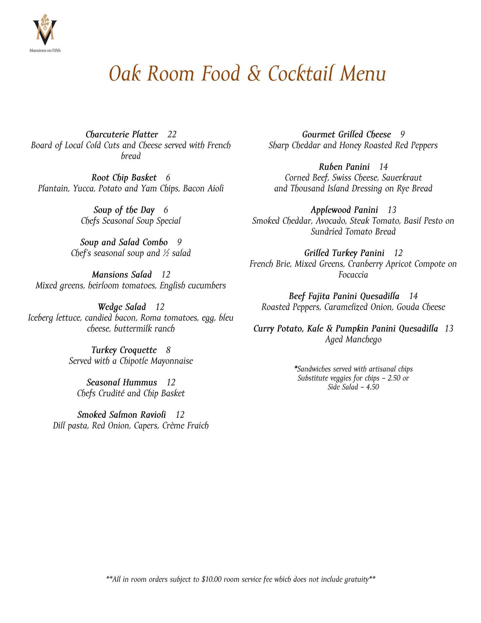 Menu at The Oak Room pub & bar, Pittsburgh