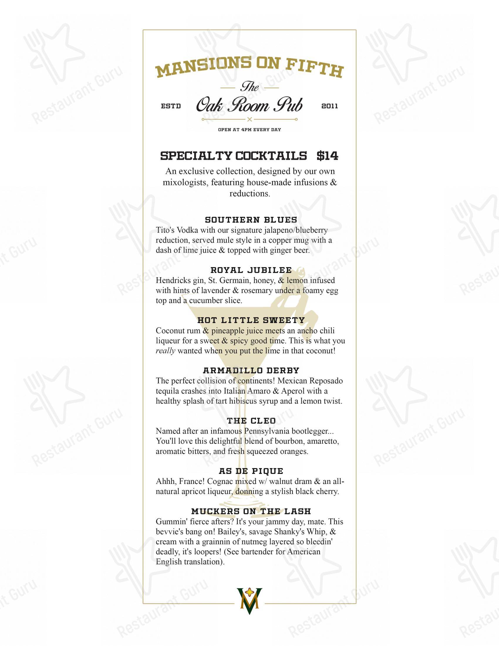 Menu at The Oak Room pub & bar, Pittsburgh