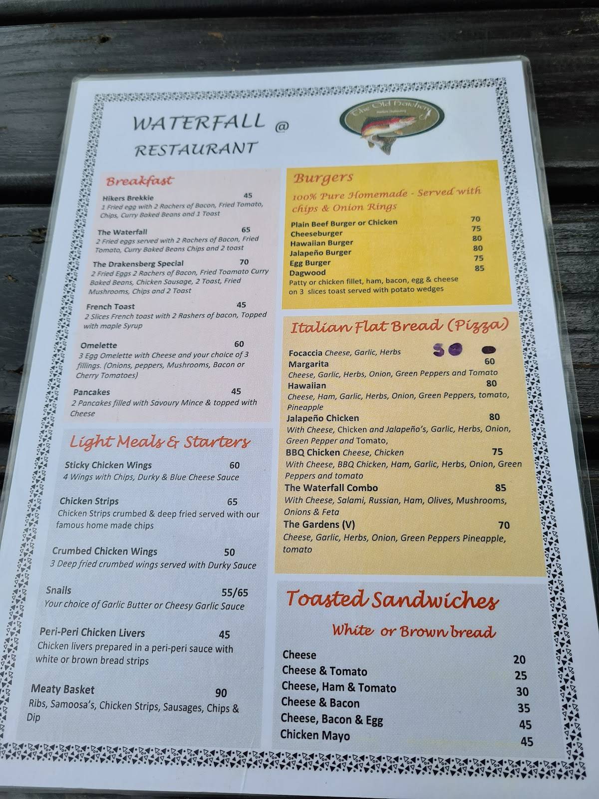 Menu au The Old Hatchery & Waterfall Restaurant, Underberg