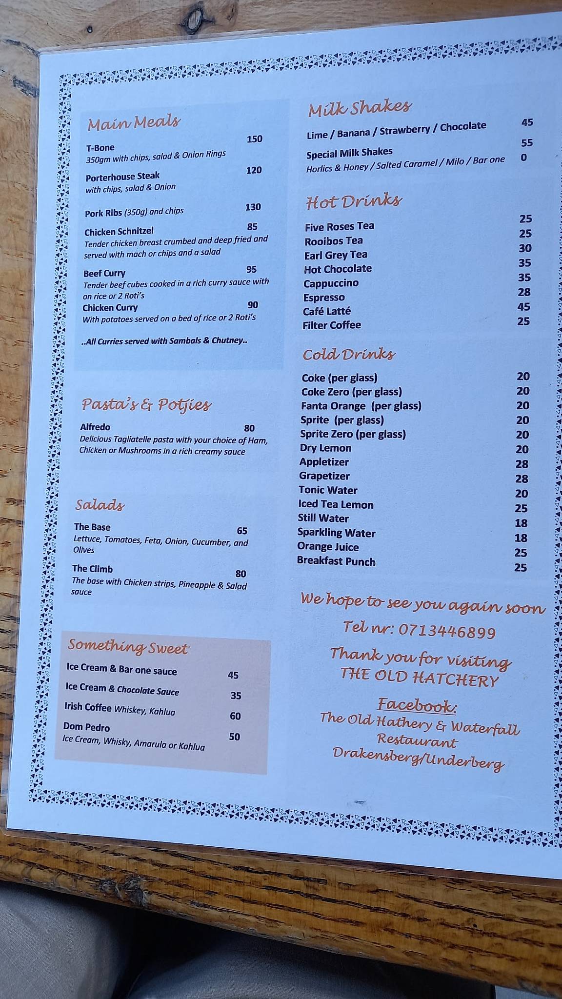 Menu at The Old Hatchery & Waterfall Restaurant, Underberg