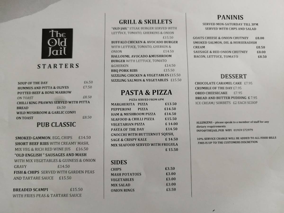 Menu at The Old Jail pub & bar, Biggin Hill
