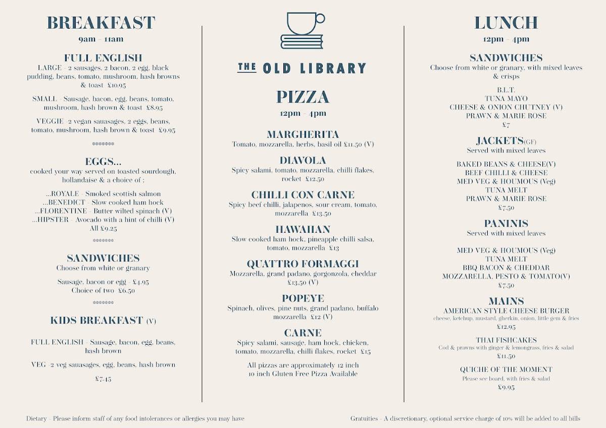 Menu at The Old Library cafe, Bristol, 6 Lovelinch Gardens