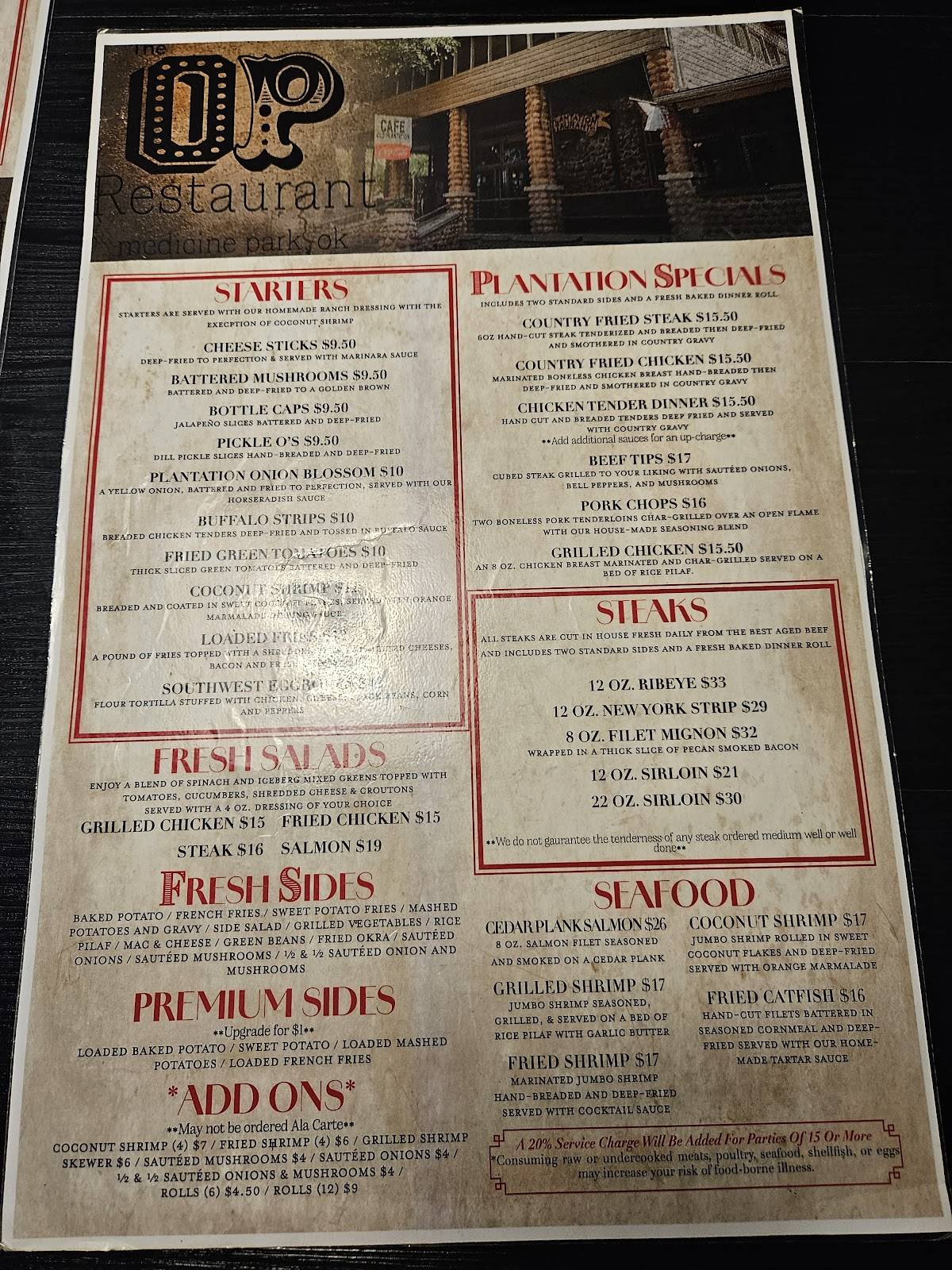 Menu at The Old Plantation Restaurant, Medicine Park