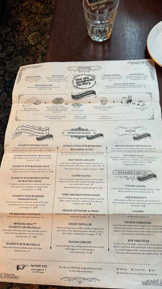 Menu at The Old Spaghetti Factory restaurant, Toronto, 54 The Esplanade