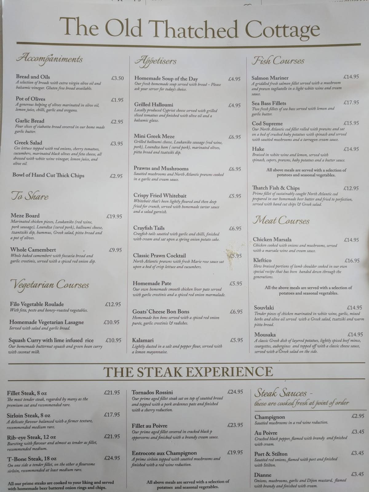 Menu at The Old Thatched Cottage Restaurant, Weston-super-Mare