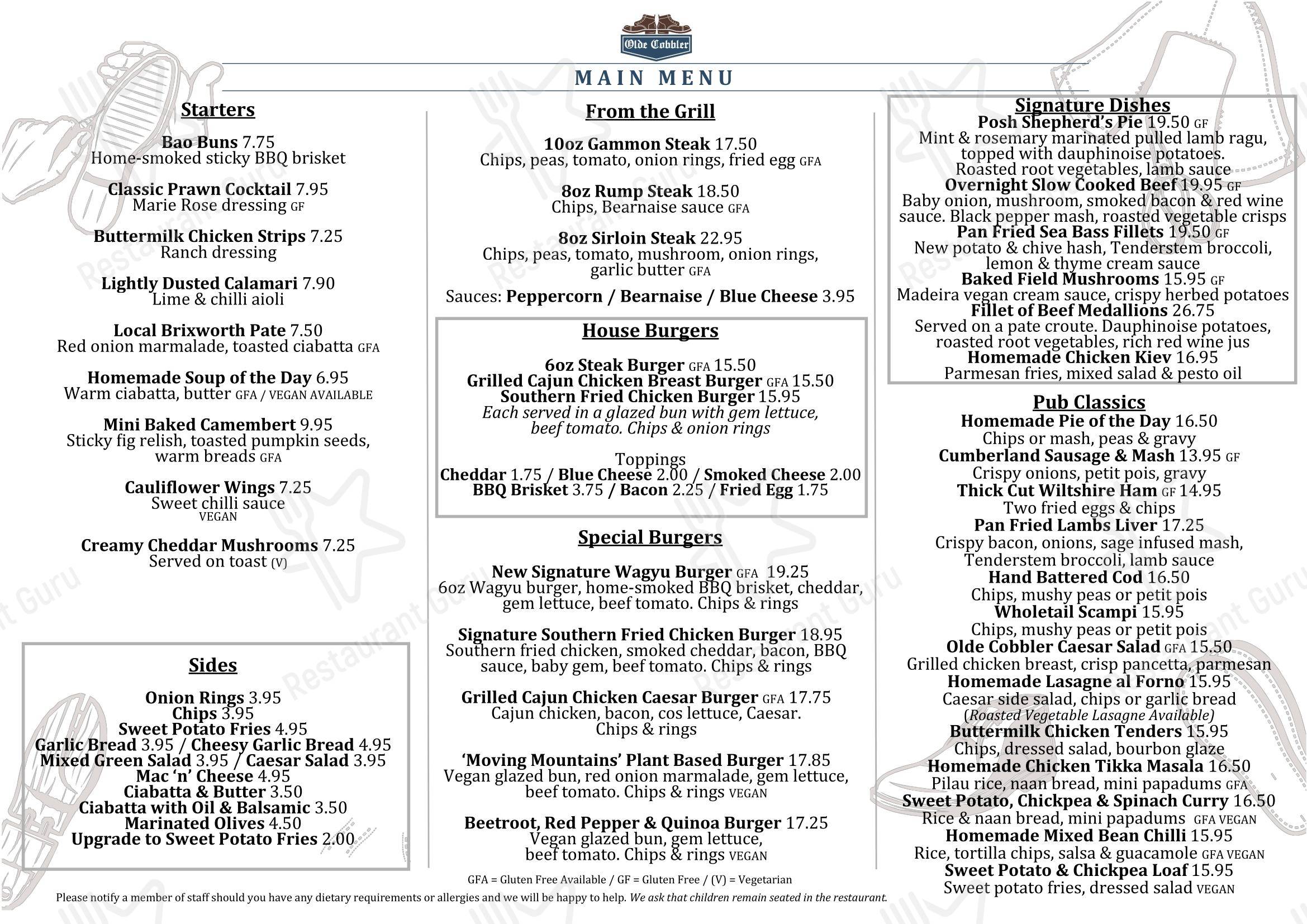 Menu at The Olde Cobbler restaurant, Northampton