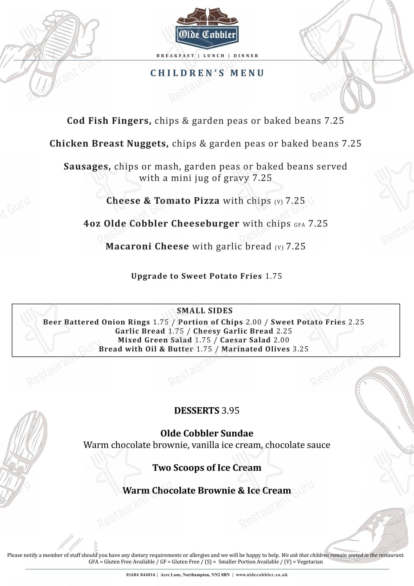 Menu at The Olde Cobbler restaurant, Northampton