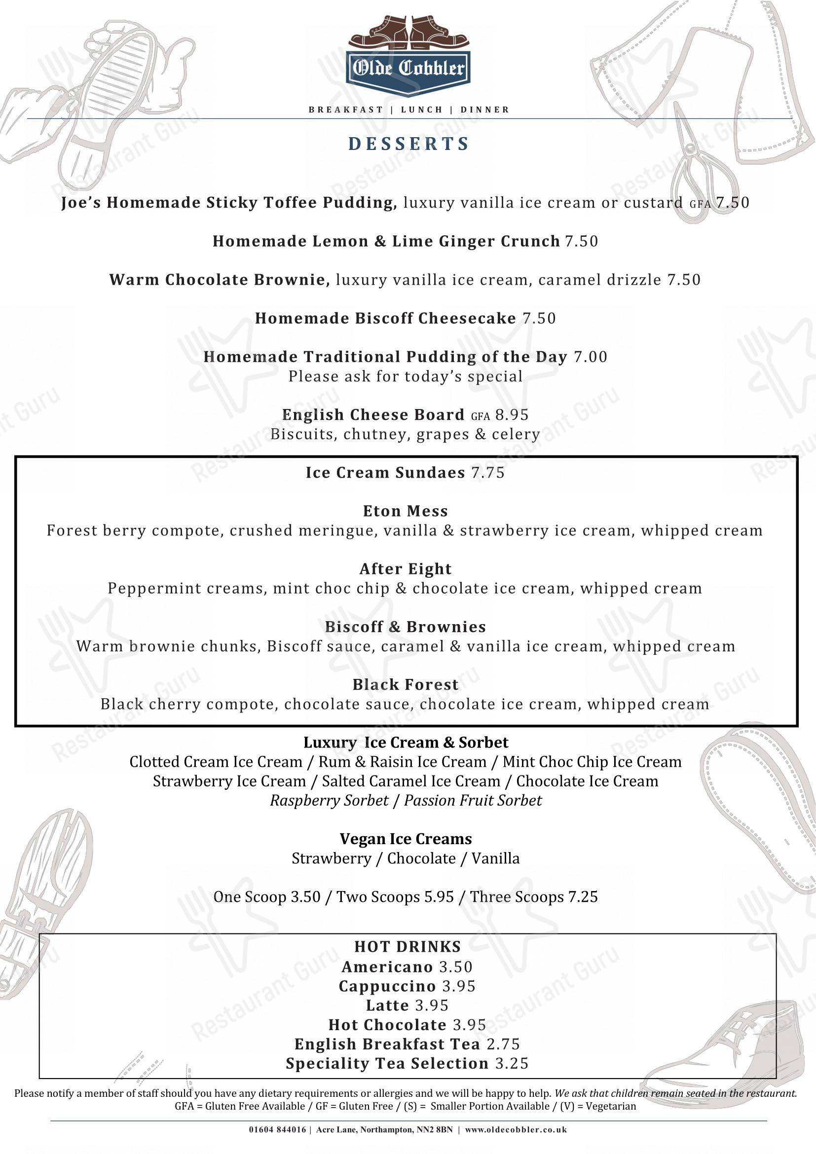Menu at The Olde Cobbler restaurant, Northampton