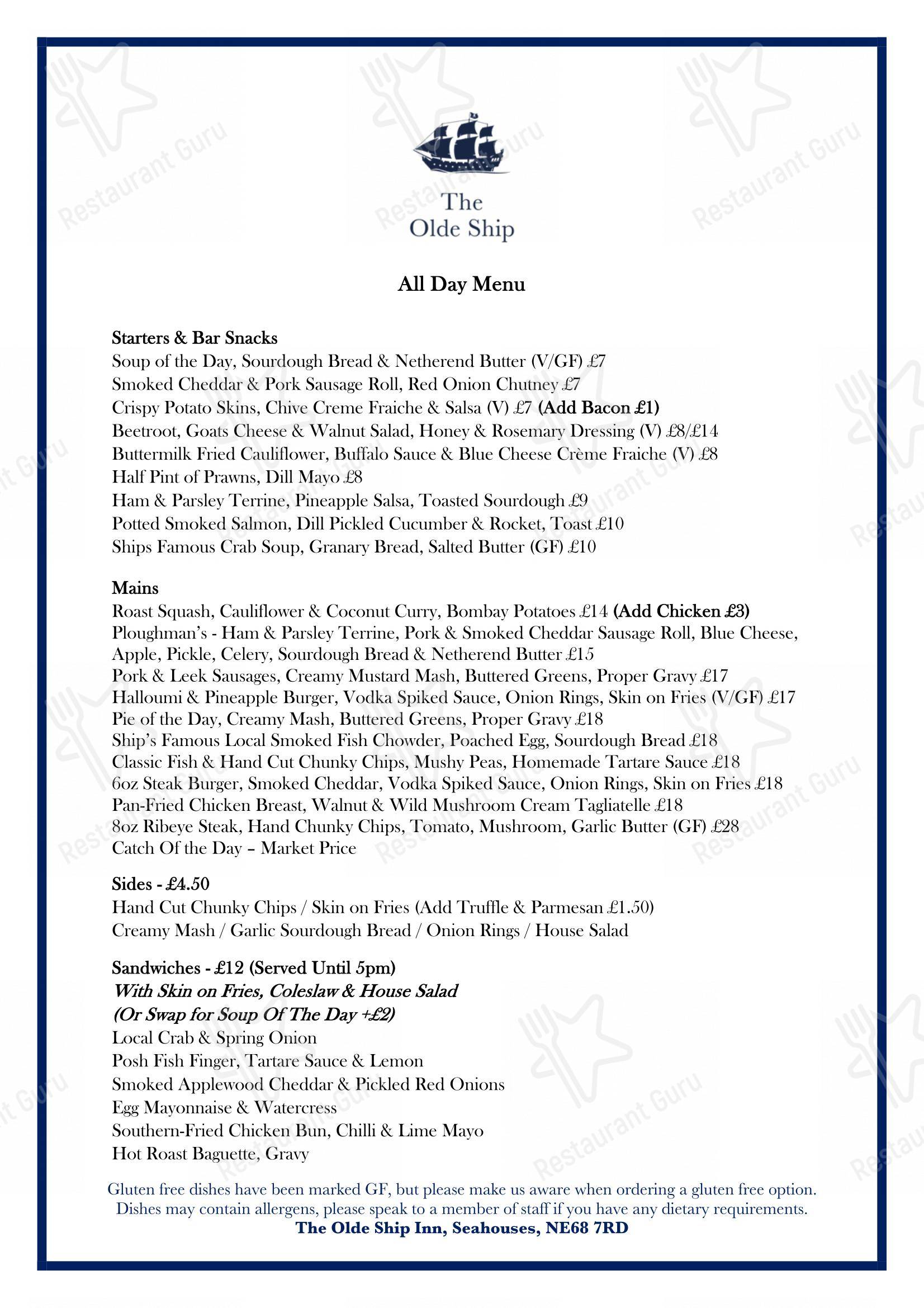 Menu at The Olde Ship Inn pub & bar, Seahouses