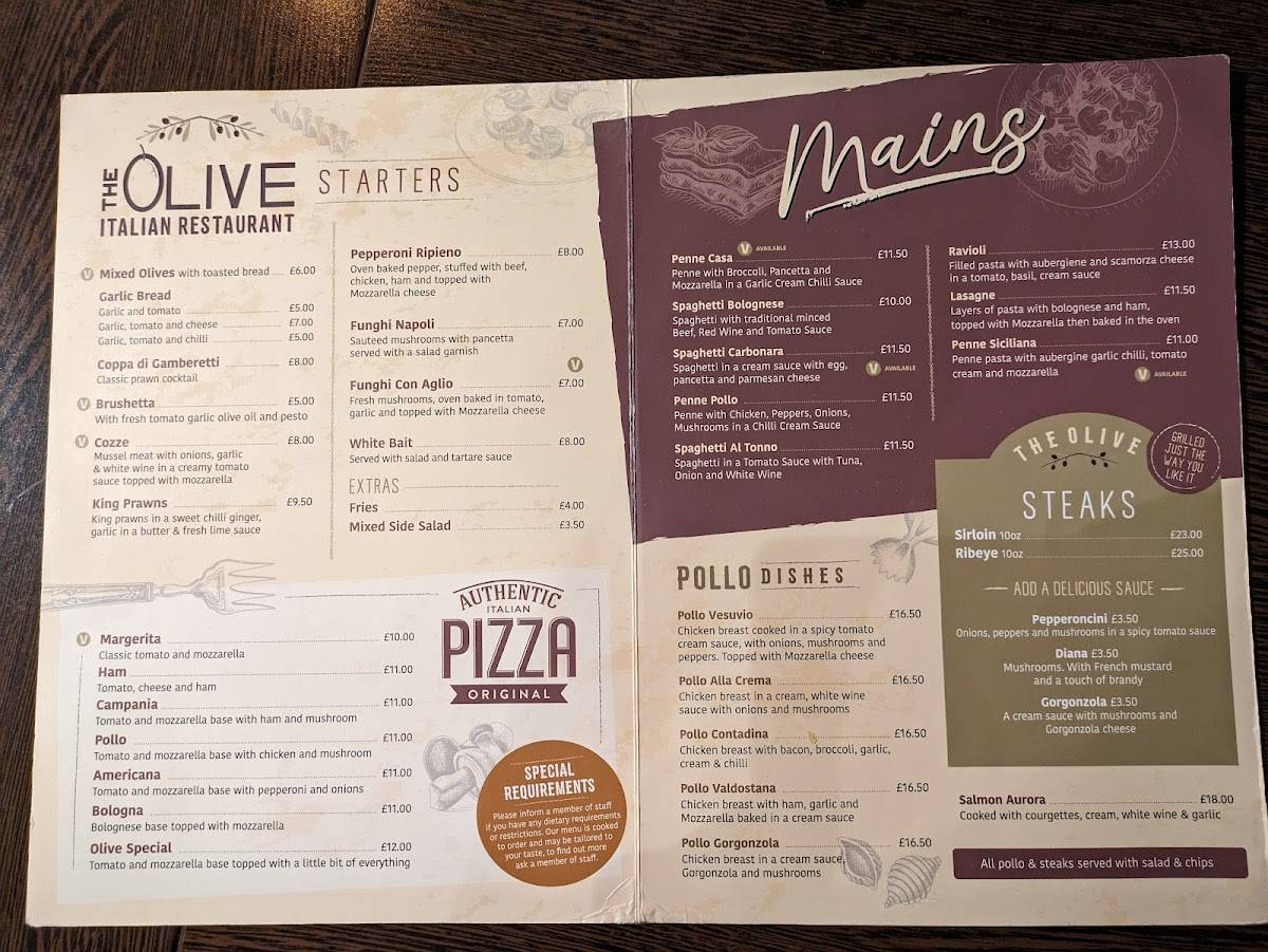 Menu at The Olive restaurant, Skegness