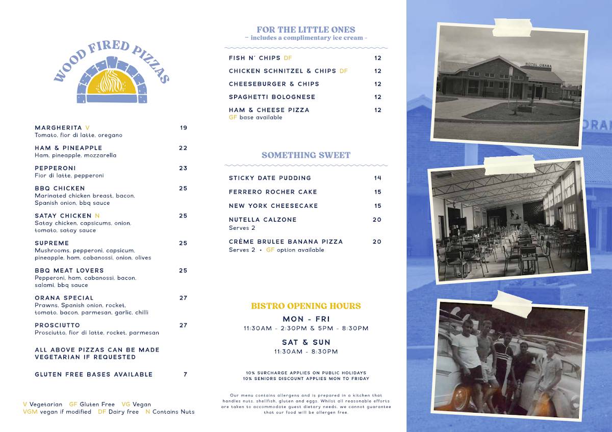 Menu at The Orana Hotel pub & bar, Blacksmiths