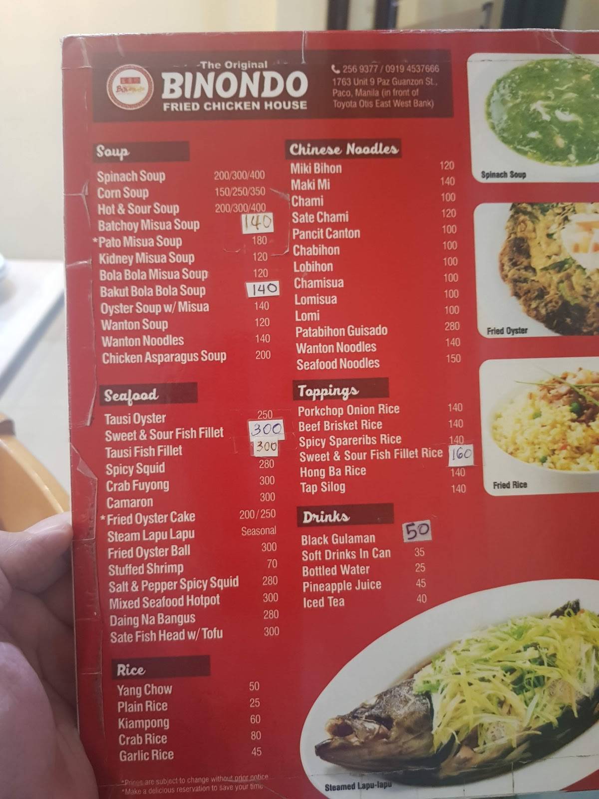 Menu at The Original Chicken Fandian restaurant, Manila, Paz Guanzon Street