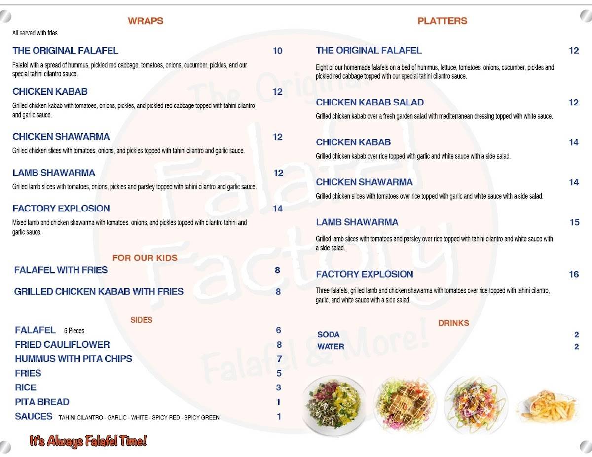 Menu at The Original Falafel Factory (Food Truck) restaurant, Charlotte