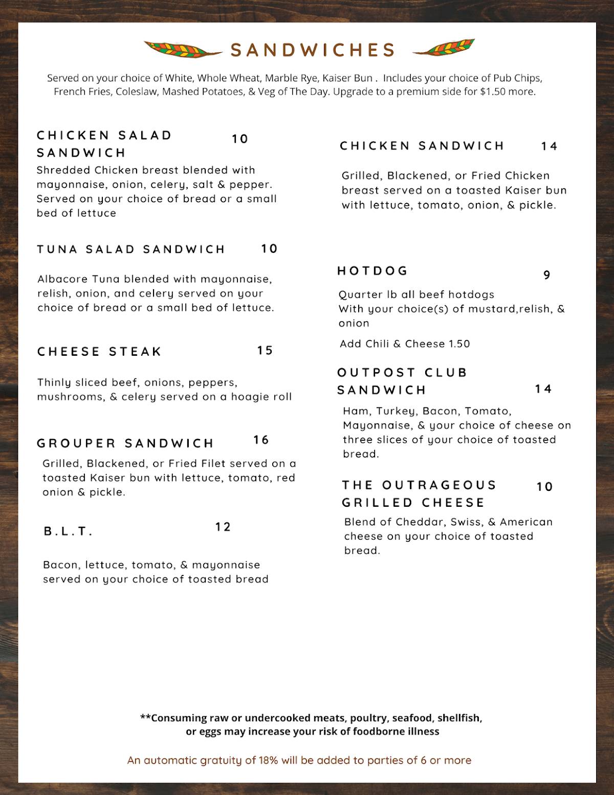 Menu at The Outpost Bar and Grille, Indiantown