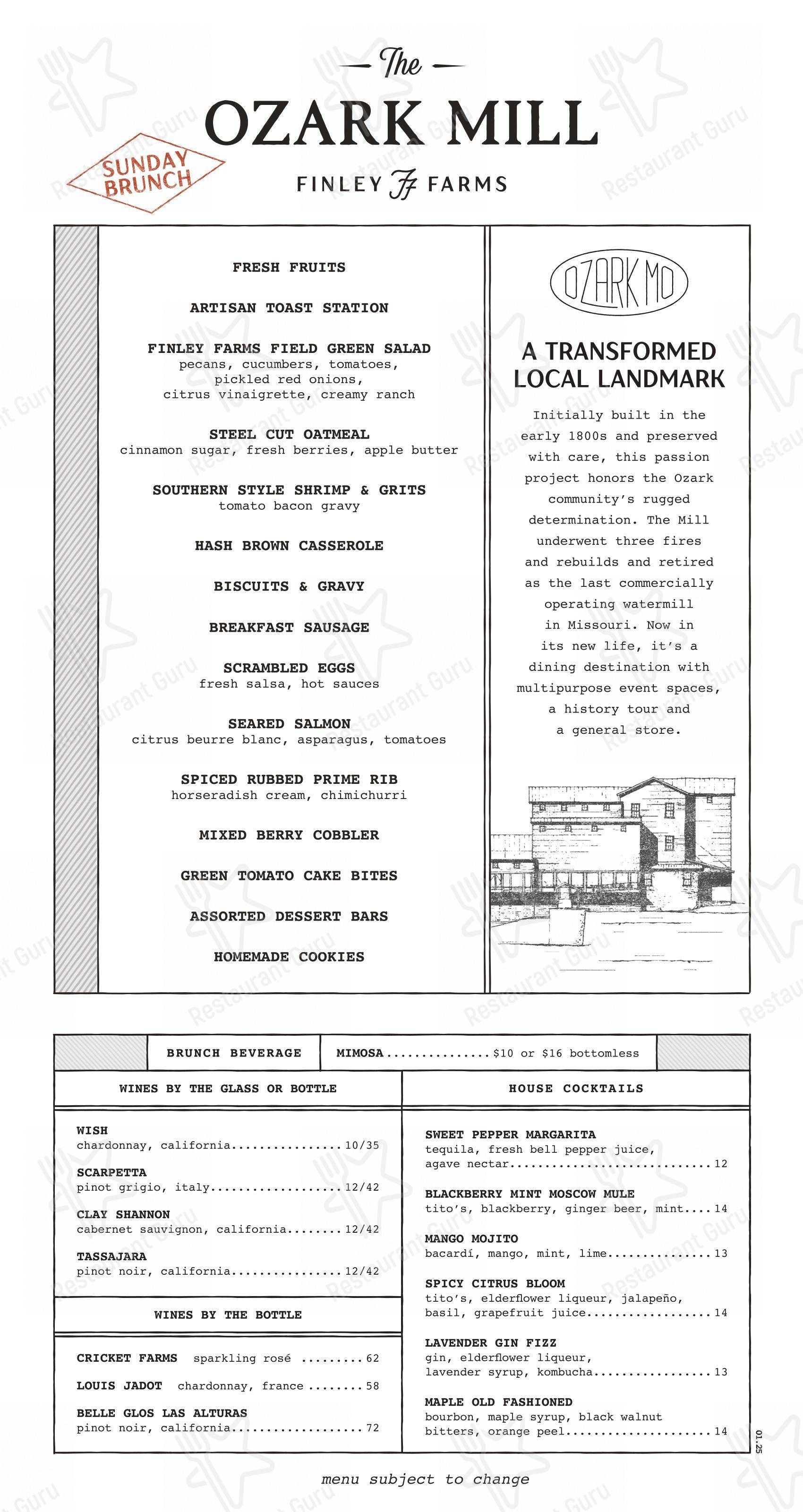 Menu at The Ozark Mill Restaurant at Finley Farms, Ozark