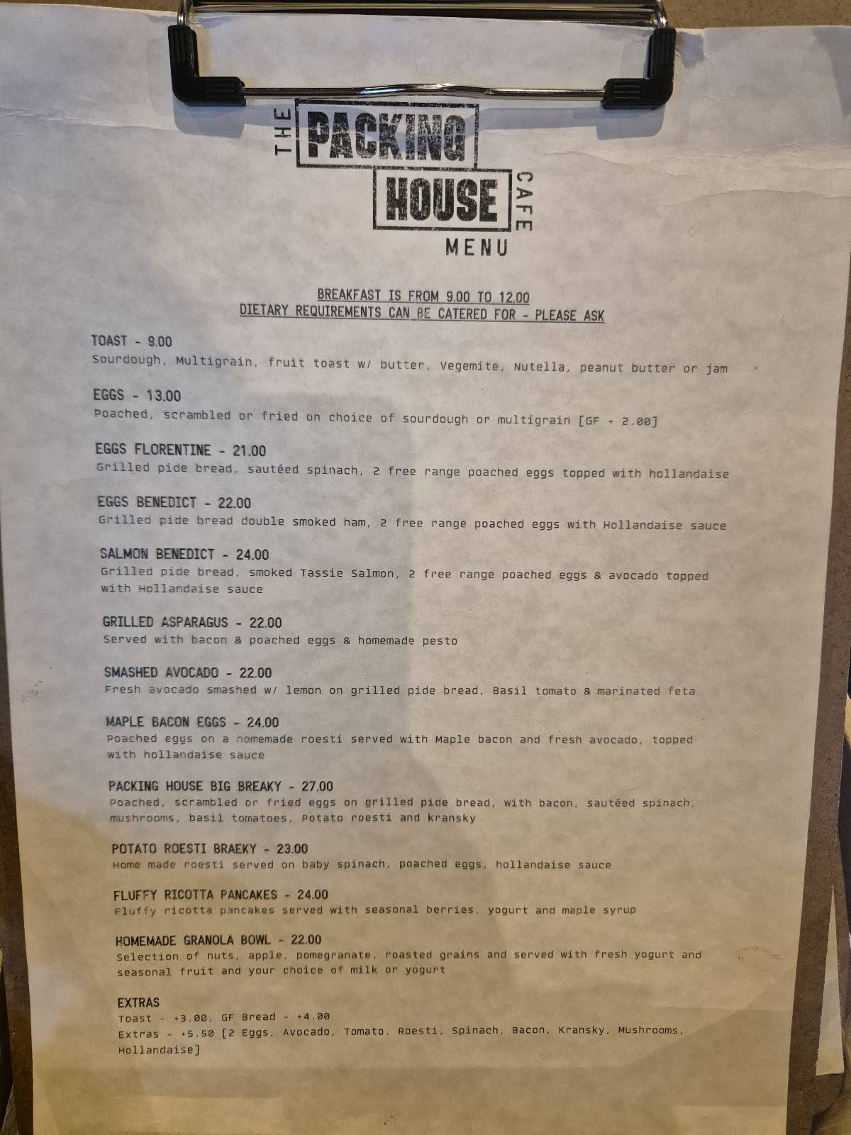 Menu at The Packing House Cafe, Tyabb