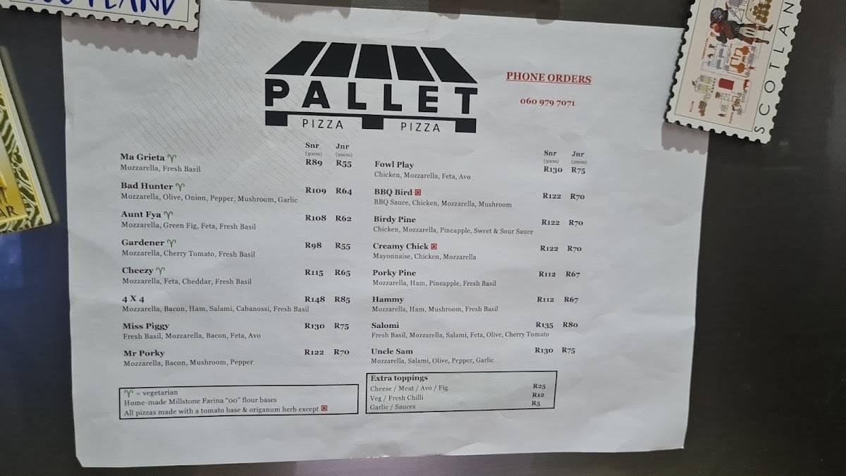 Menu at The Pallet Farmstall restaurant, Pretoria