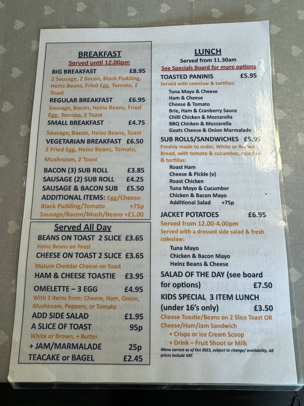 Menu at The Pantree cafe, Crewe