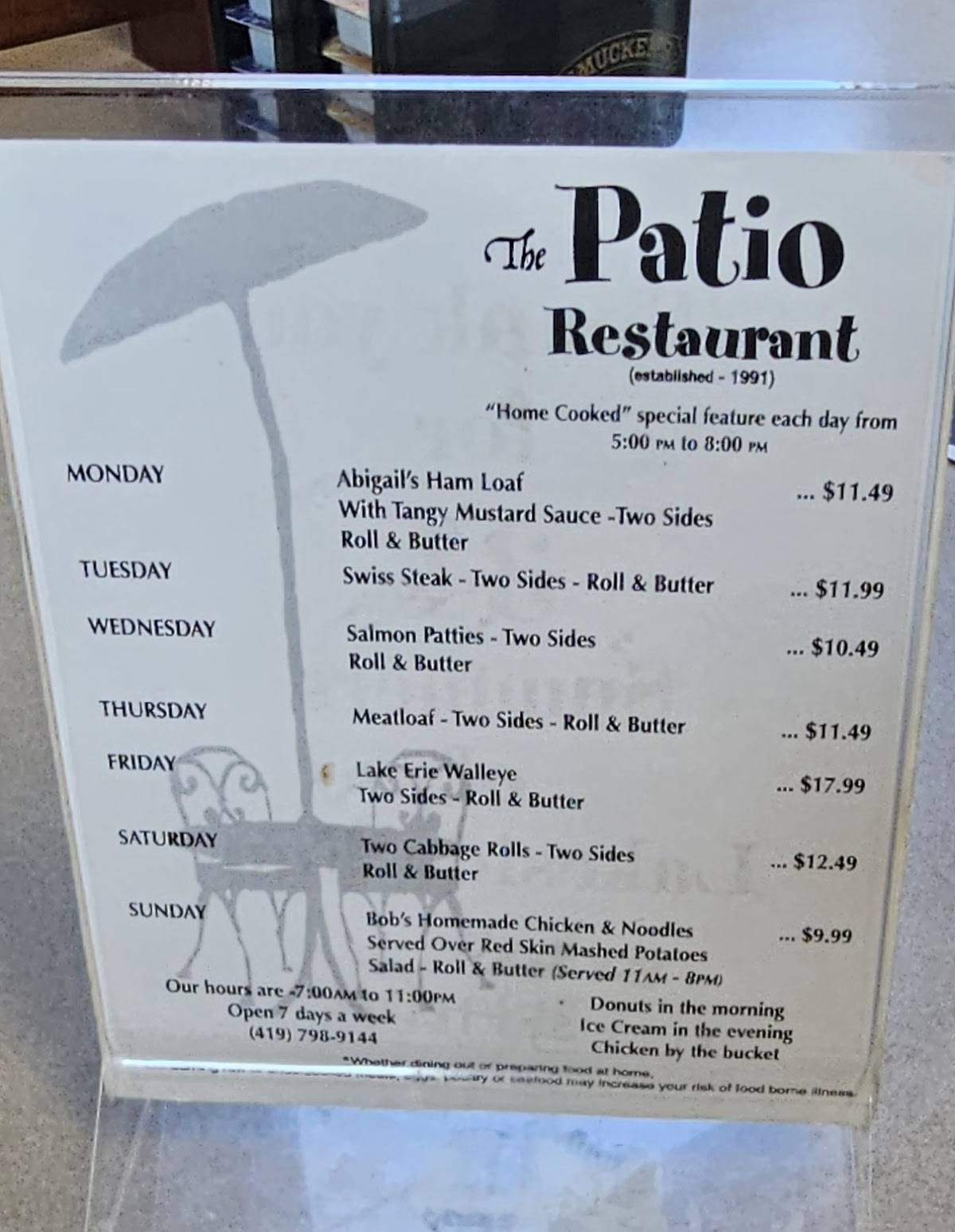Menu at The Patio Restaurant, Lakeside Marblehead