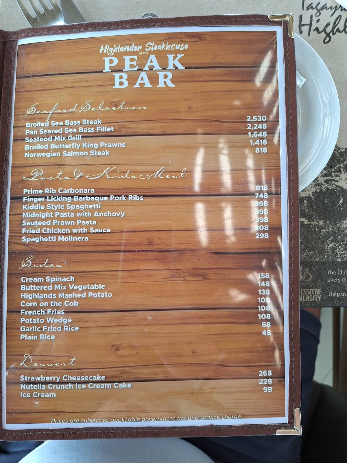 Menu at The Peak Bar & Restaurant, Tagaytay