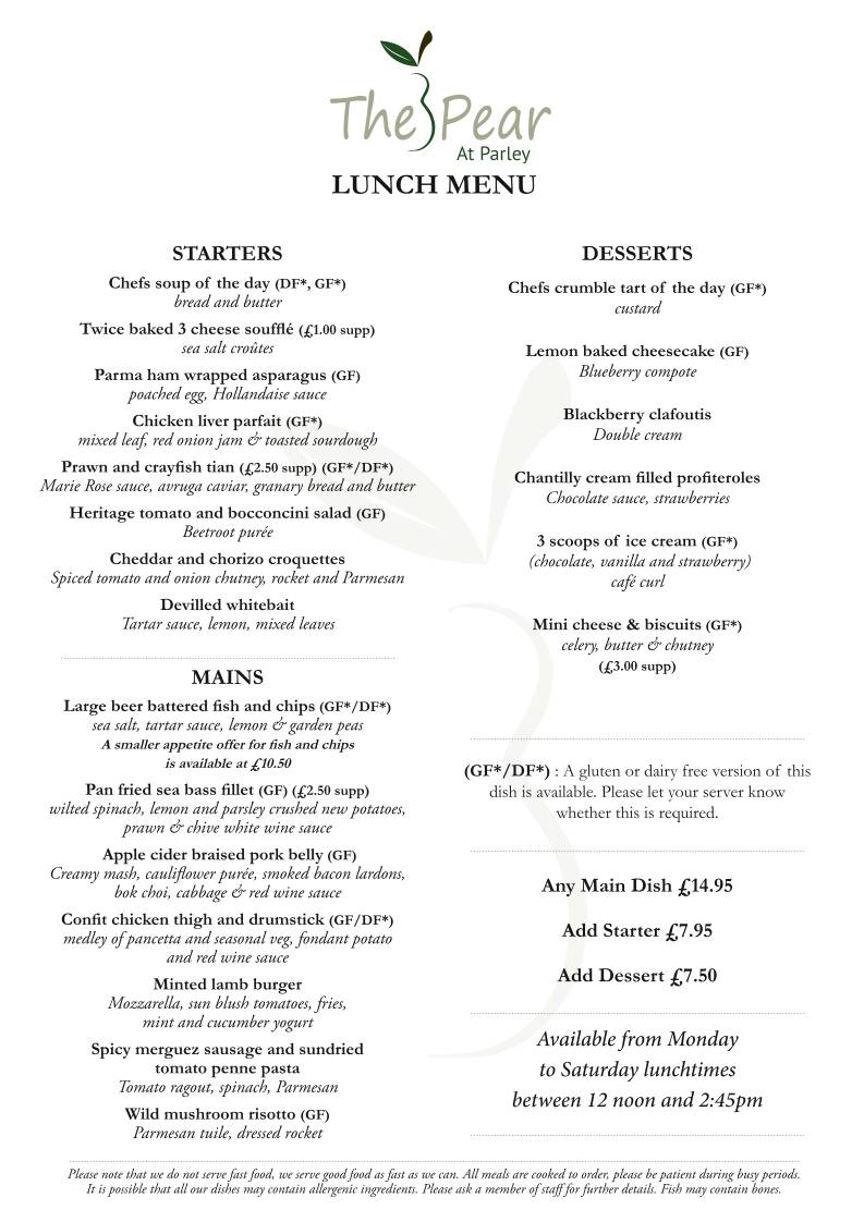 Menu at The Pear At Parley restaurant, West Parley