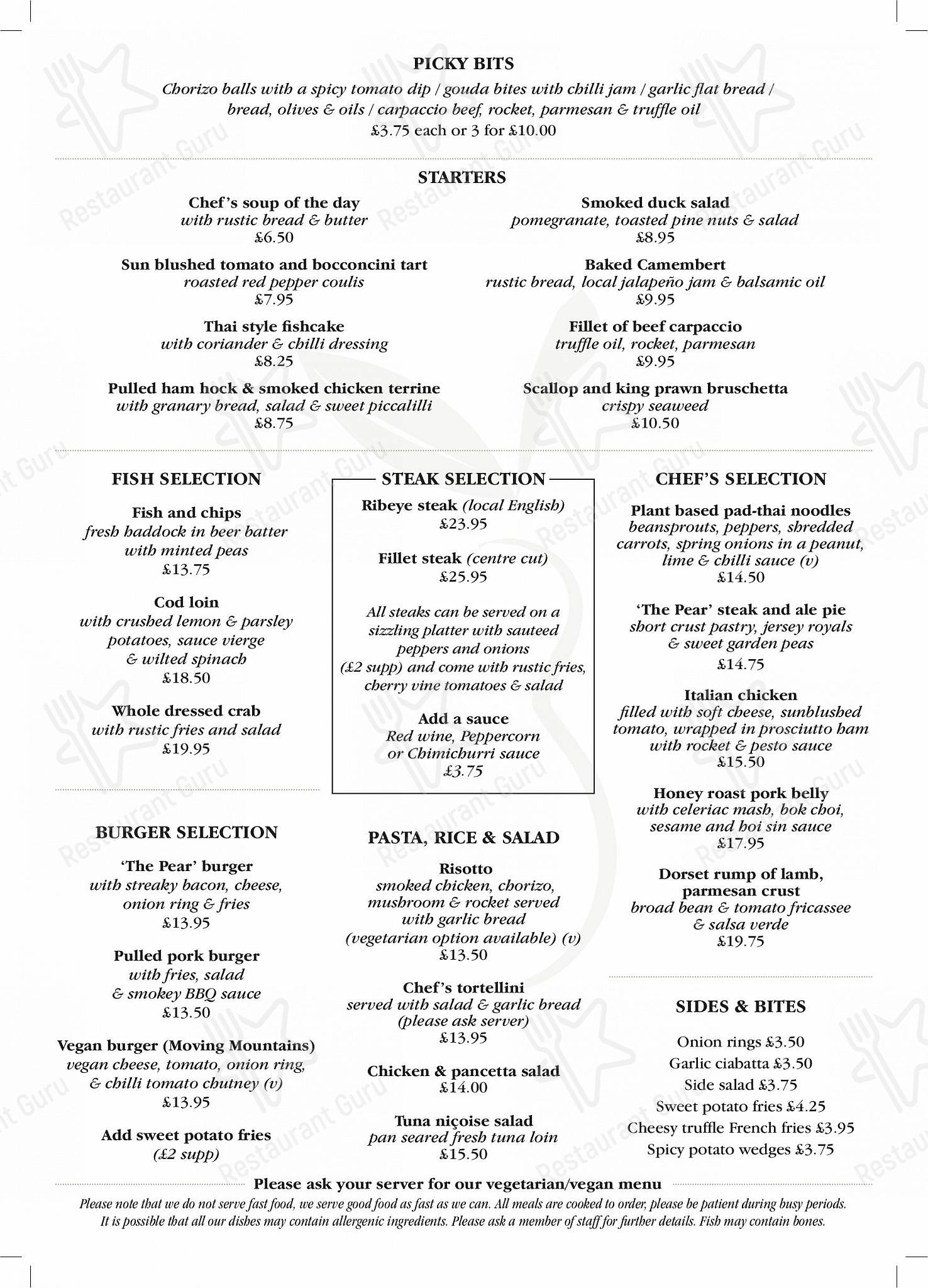 Menu at The Pear At Parley restaurant, West Parley