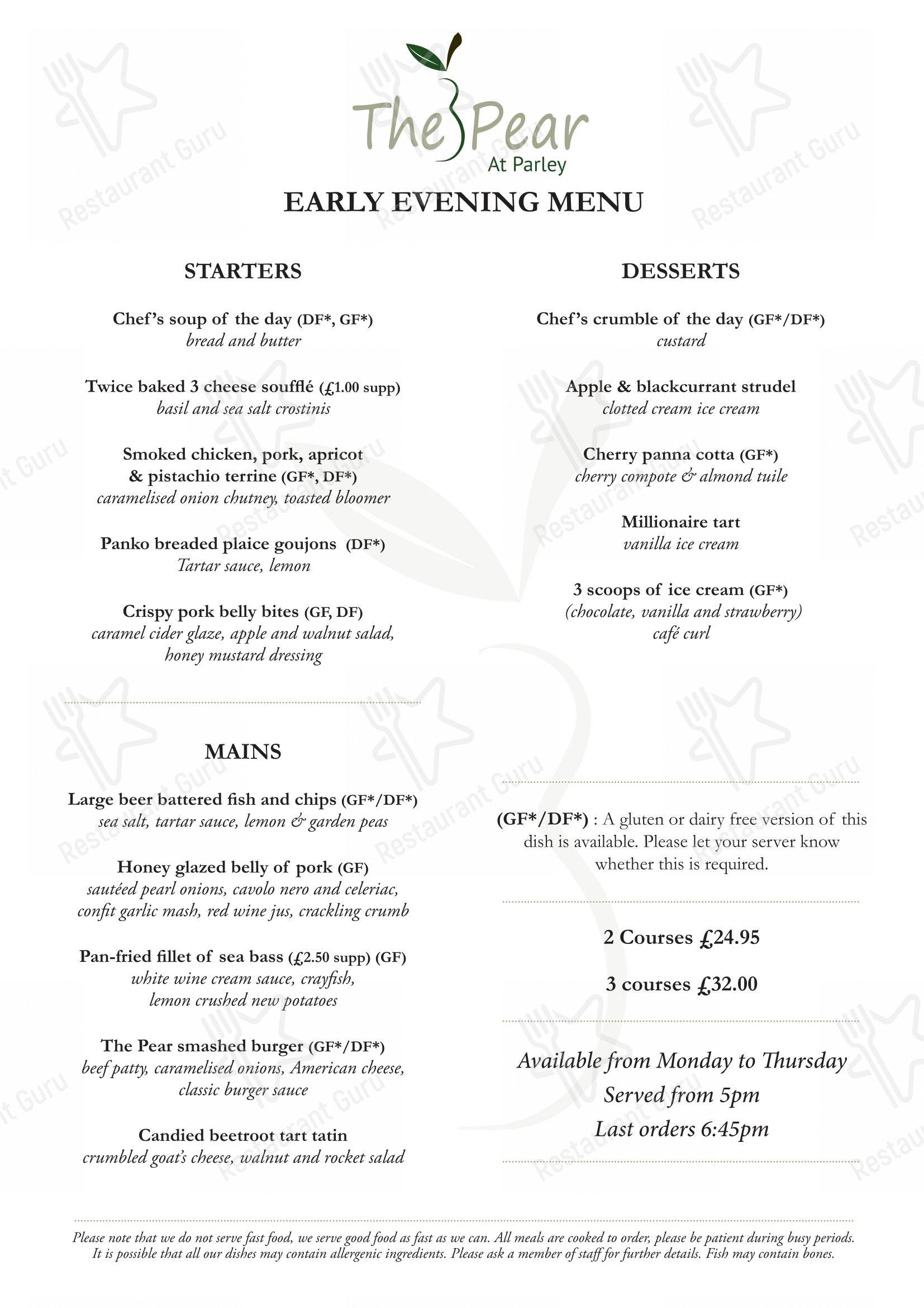 Menu at The Pear At Parley restaurant, West Parley