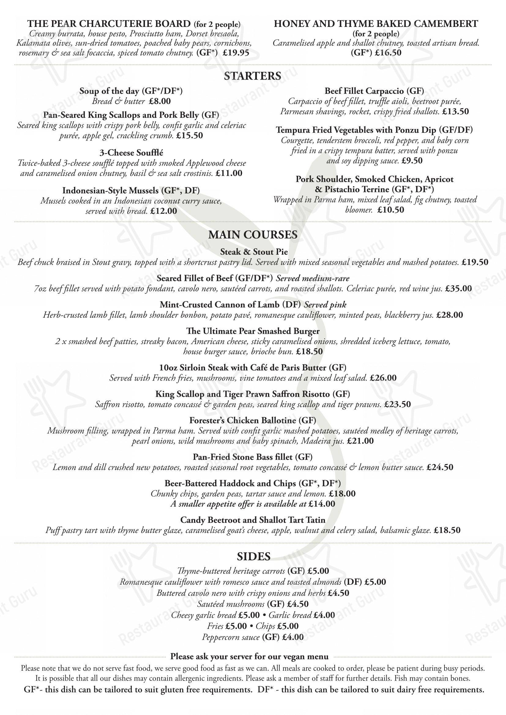 Menu at The Pear At Parley restaurant, West Parley