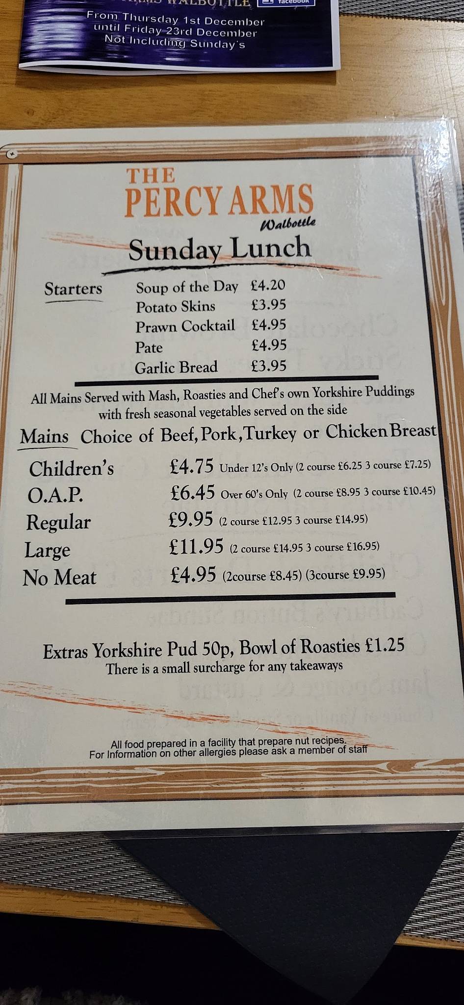 Menu at The Percy Arms Walbottle pub & bar, Newcastle upon Tyne, Queens Rd