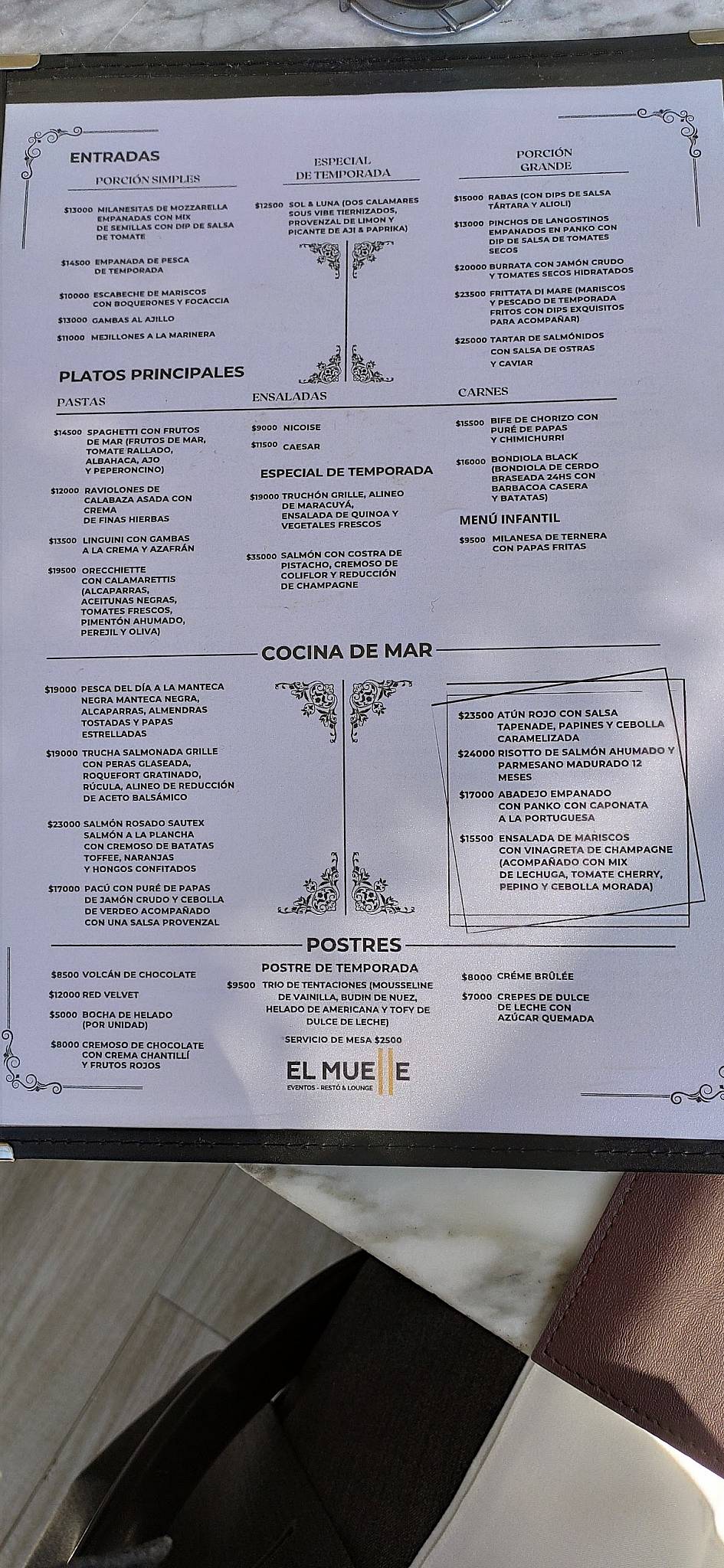 Carta del restaurante El Muelle, Buenos Aires, R. Obligado