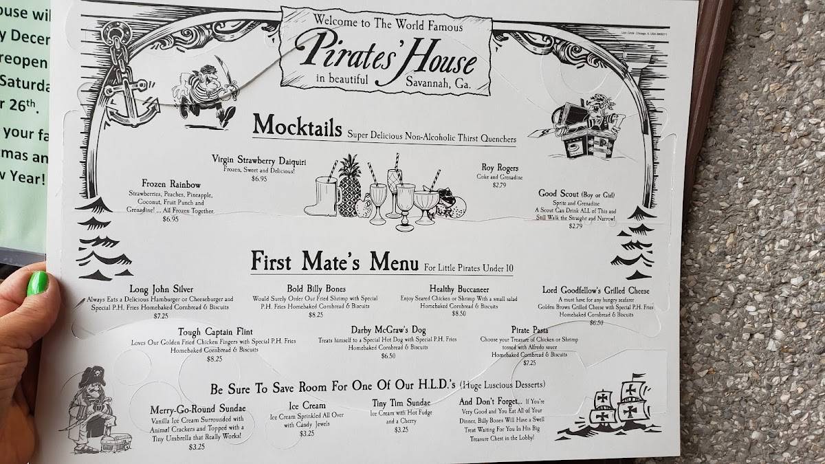 Menu at The Pirates' House restaurant, Savannah