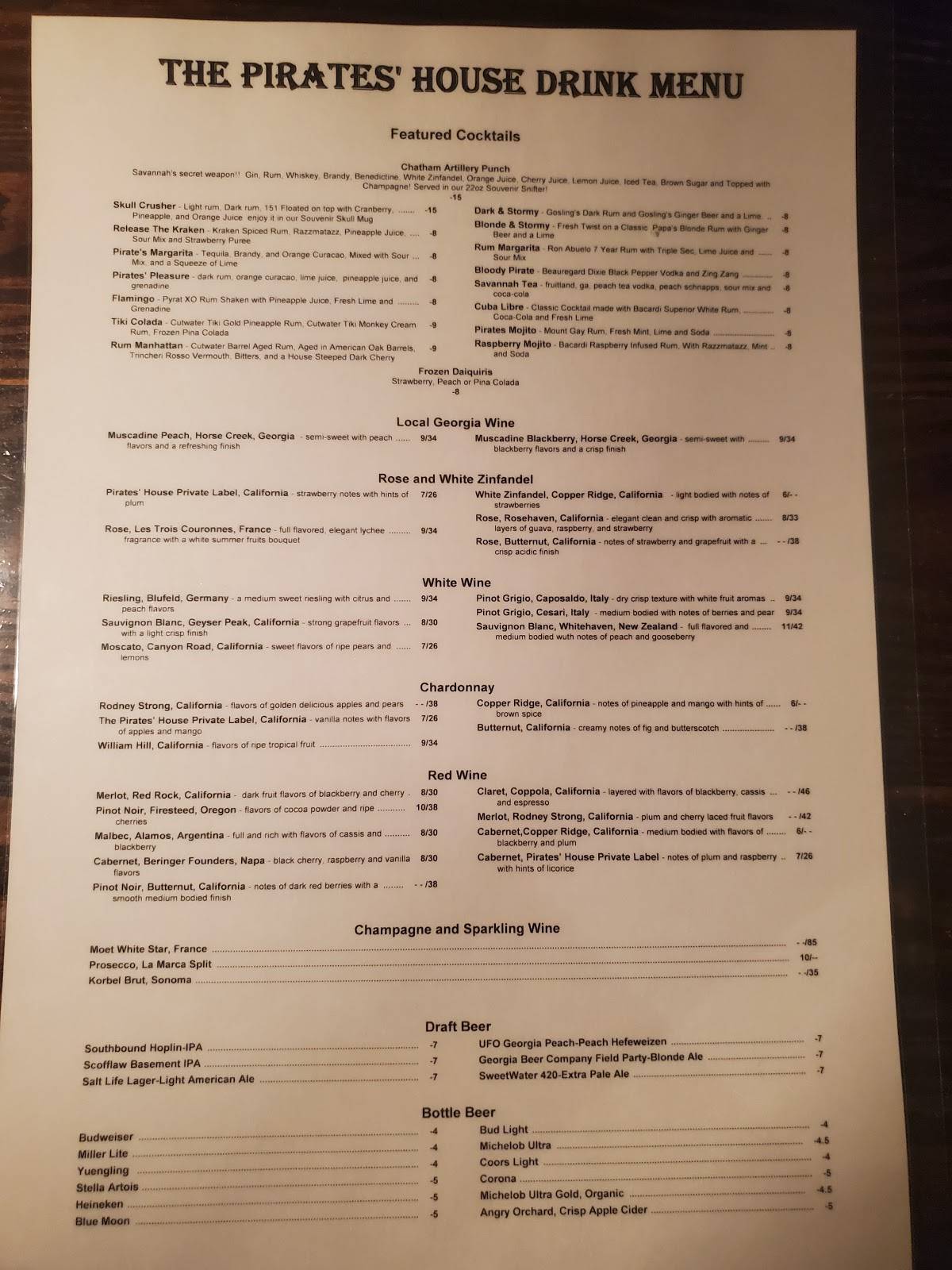 Menu at The Pirates' House restaurant, Savannah