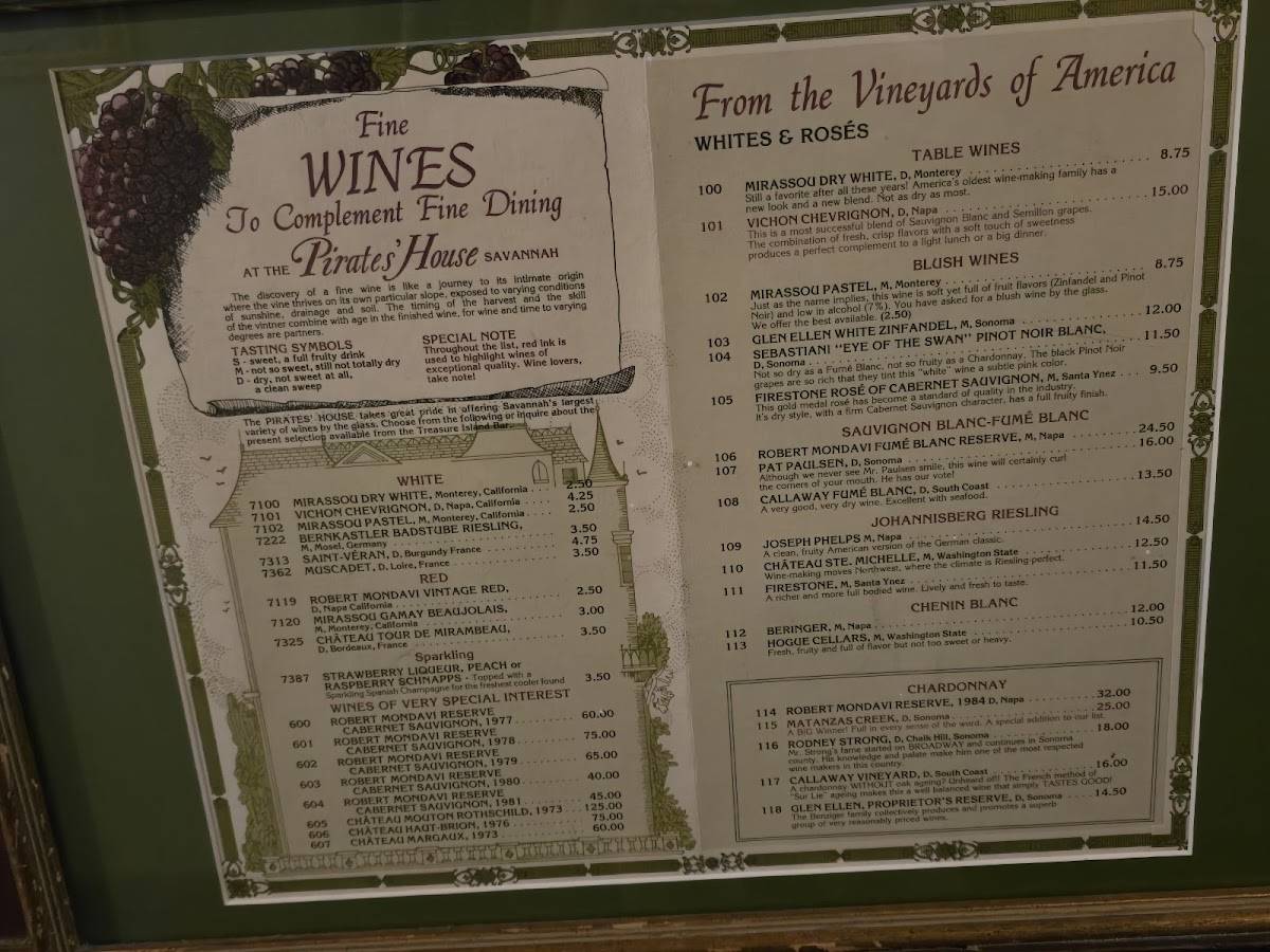 Menu at The Pirates' House restaurant, Savannah