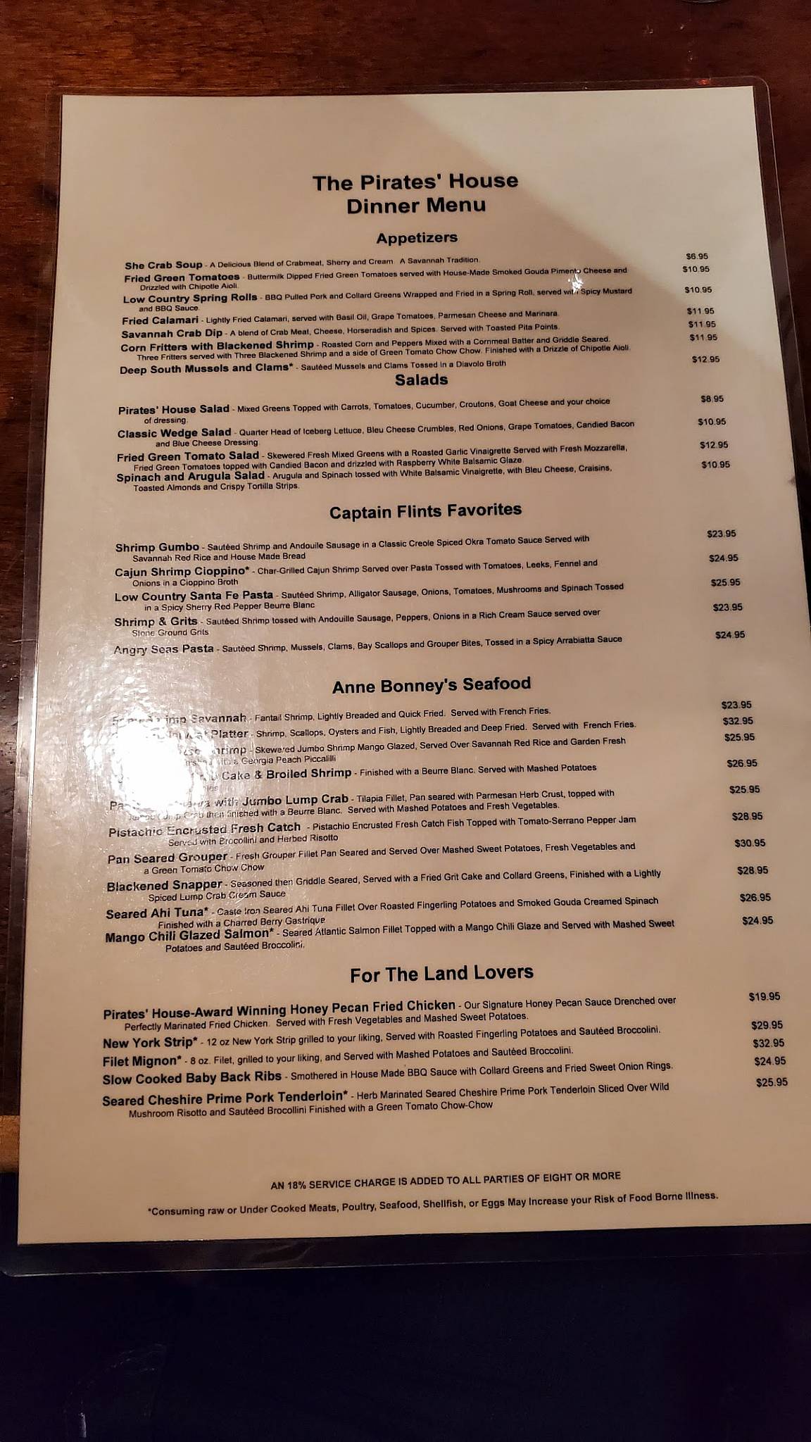 Menu at The Pirates' House restaurant, Savannah
