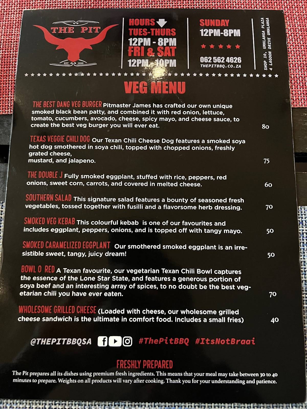 Menu at The Pit BBQ, Umhlanga