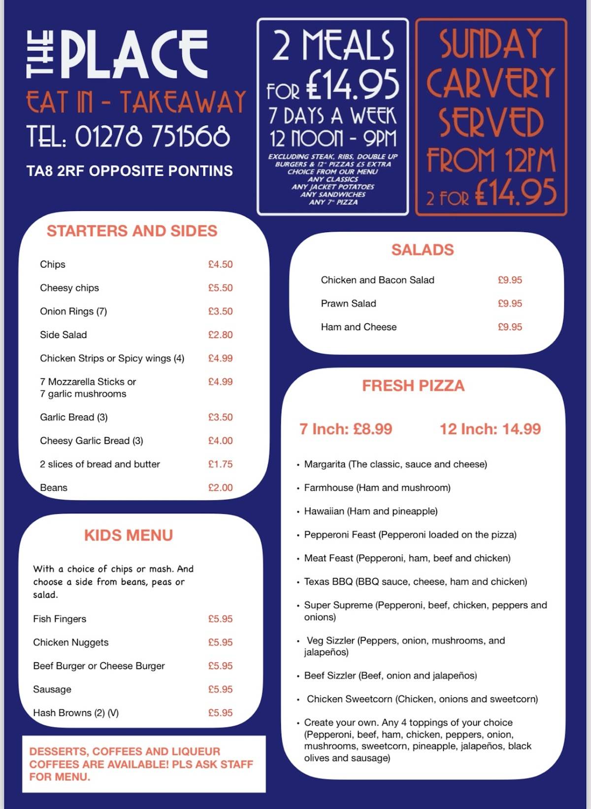 Menu at The Place Bar Restaurant, Burnham-on-Sea