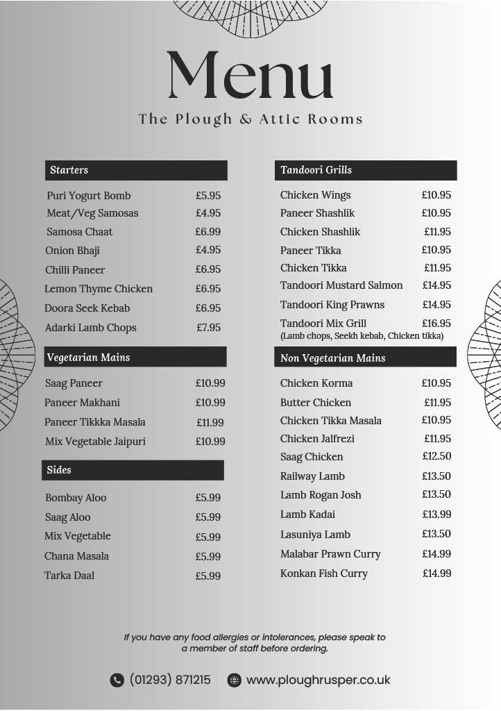 Menu at The Plough & Attic Rooms pub & bar, Rusper