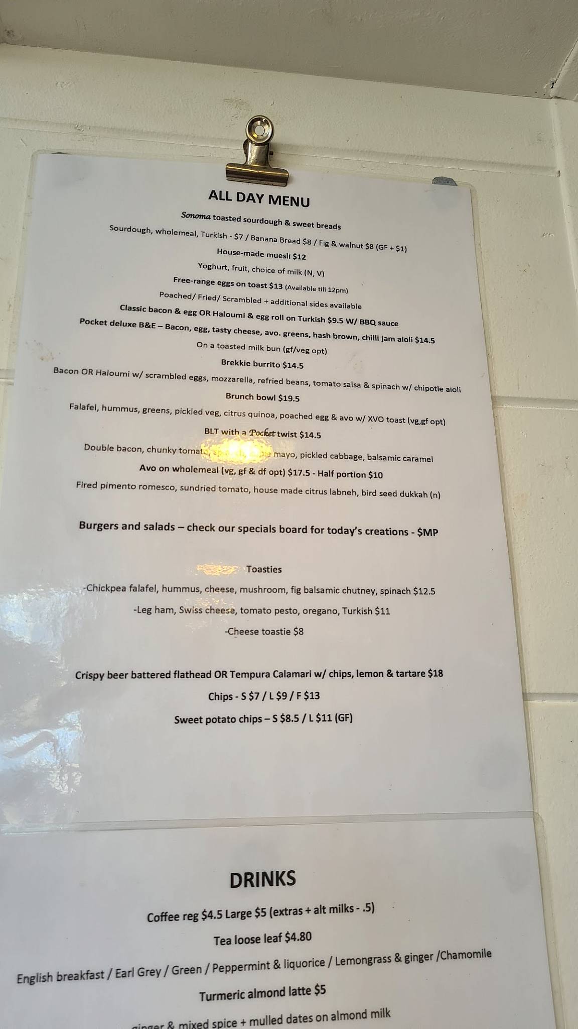 Menu at The Pocket Freshwater cafe, Freshwater