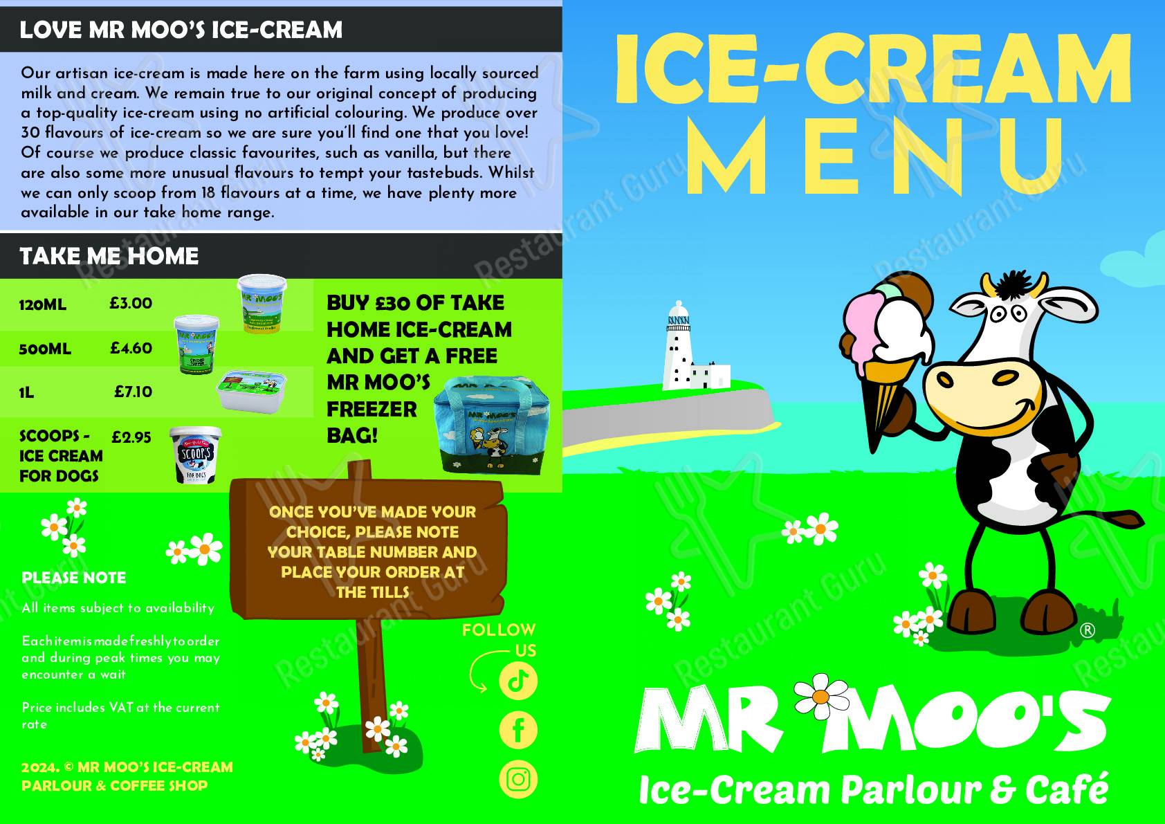 Menu at Mr Moo's Ice Cream Parlour cafe, Skipsea