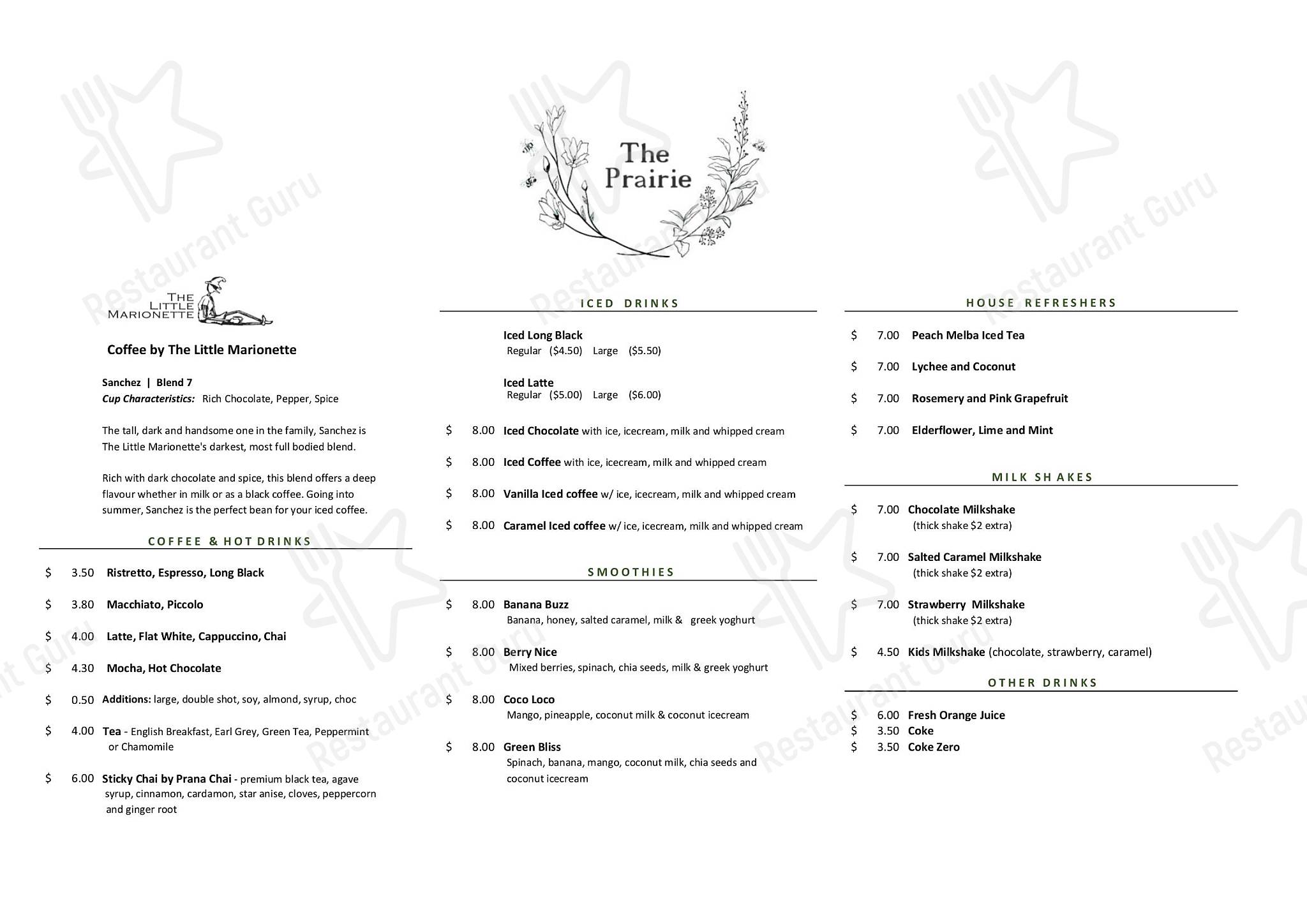Menu at The Prairie Cafe, South Penrith