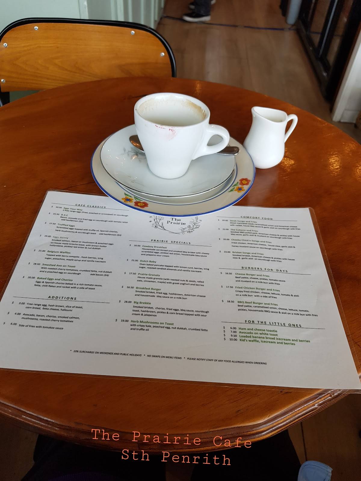 Menu at The Prairie Cafe, South Penrith