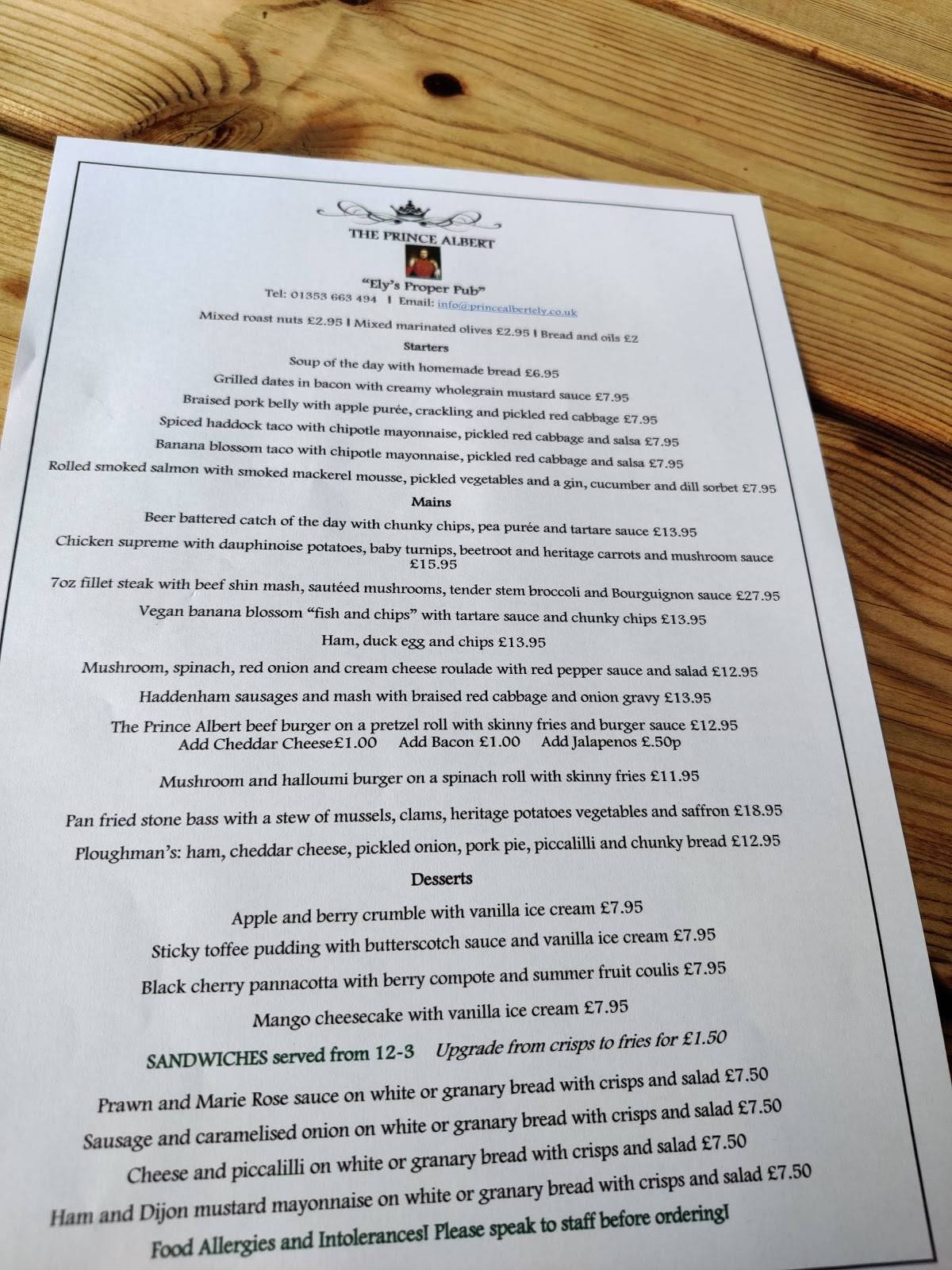 Menu at The Prince Albert pub & bar, Ely